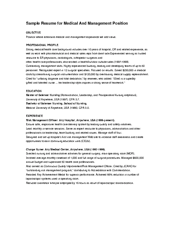 Sample Resume For Medical And Management Position - PDFSimpli