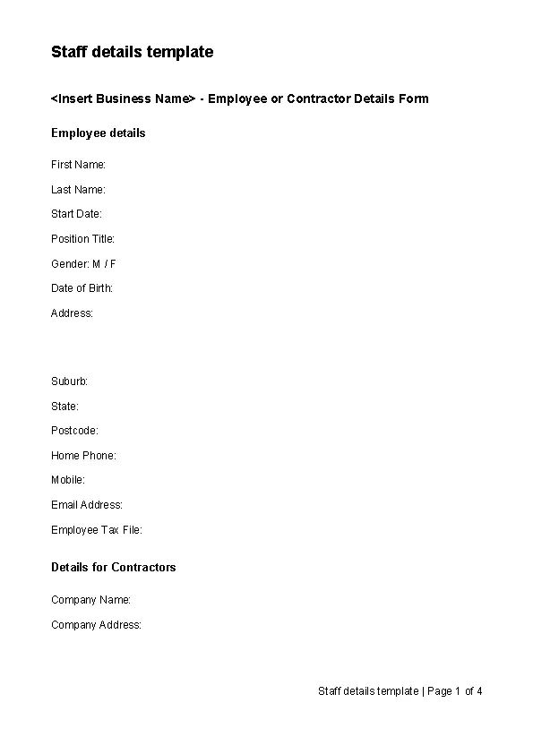 Sample Staff Details Template - PDFSimpli