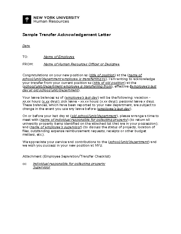 Sample Transfer Acknowledgement Letter Template Pdf Download - PDFSimpli