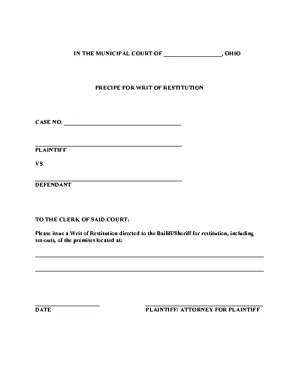 sample writ of restitution ohio - PDFSimpli