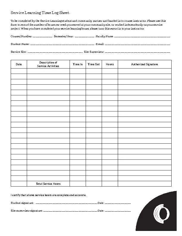 Service Learning Time Log Sheet - PDFSimpli