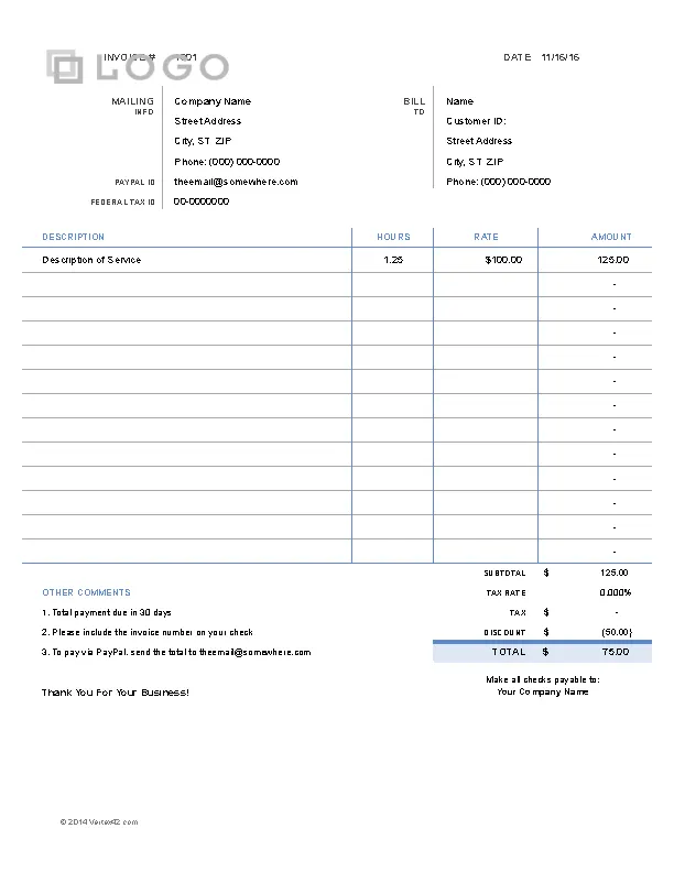 Simple Invoice Hours And Rate - PDFSimpli