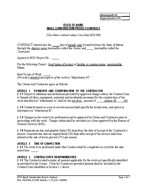 Small Construction Project Contract - PDFSimpli