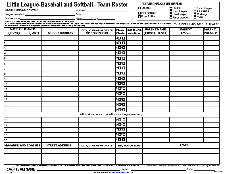 Softball Roster Template Available Here PDFSimpli