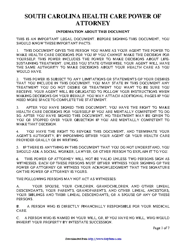 South Carolina Health Care Power Of Attorney Form - PDFSimpli