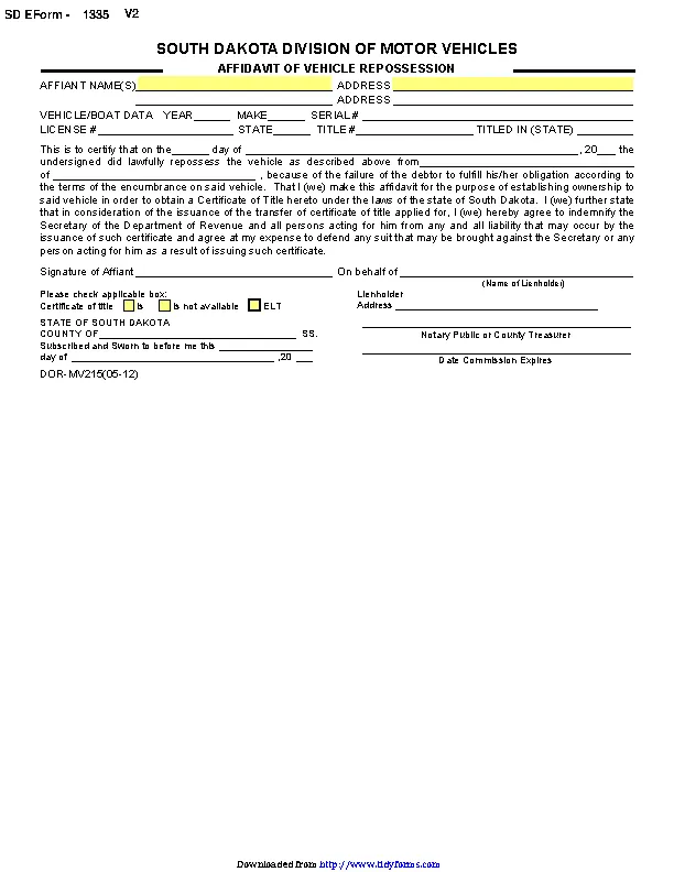 South Dakota Affidavit Of Vehicle Form - PDFSimpli
