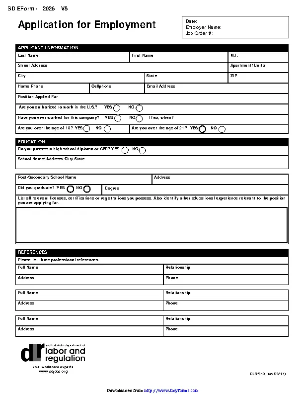 South Dakota Application For Employment Fiilable - PDFSimpli