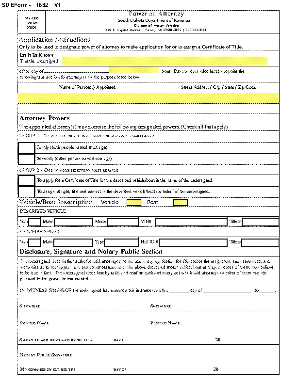 south dakota motor vehicle power of attorney form mv 008 - PDFSimpli