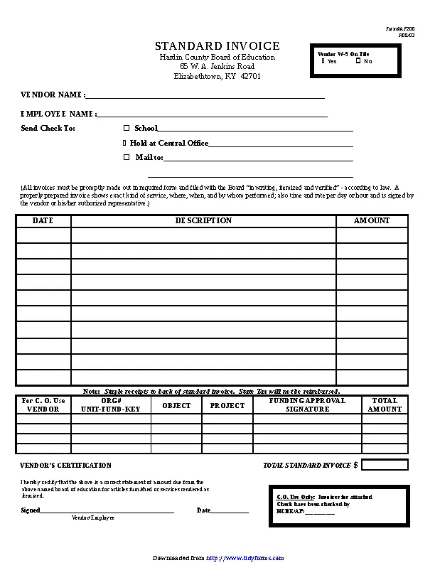 Standard Invoice For Hardin County Board Of Education - PDFSimpli