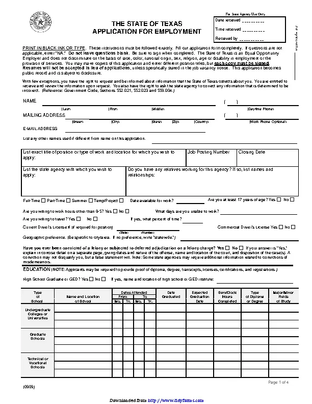 State Of Texas Application For Employment Fillable - PDFSimpli