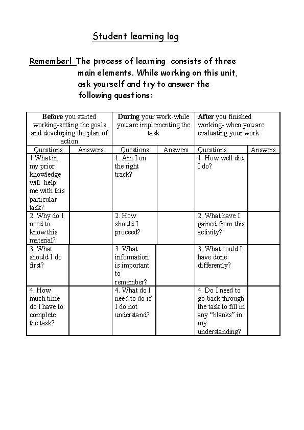Student Learning Log Template PDFSimpli