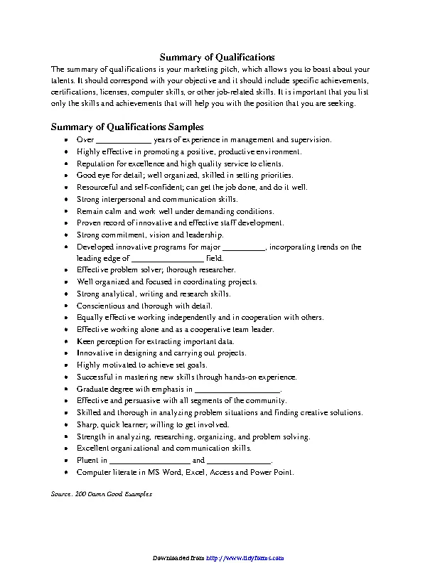 Summary Of Qualifications Example 2 - PDFSimpli