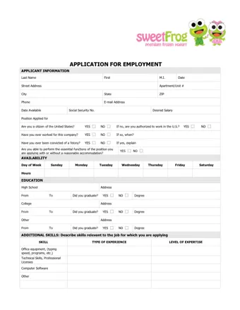 Sweet Frog Job Application Brought to You by PDFSimpli for you to fill out.