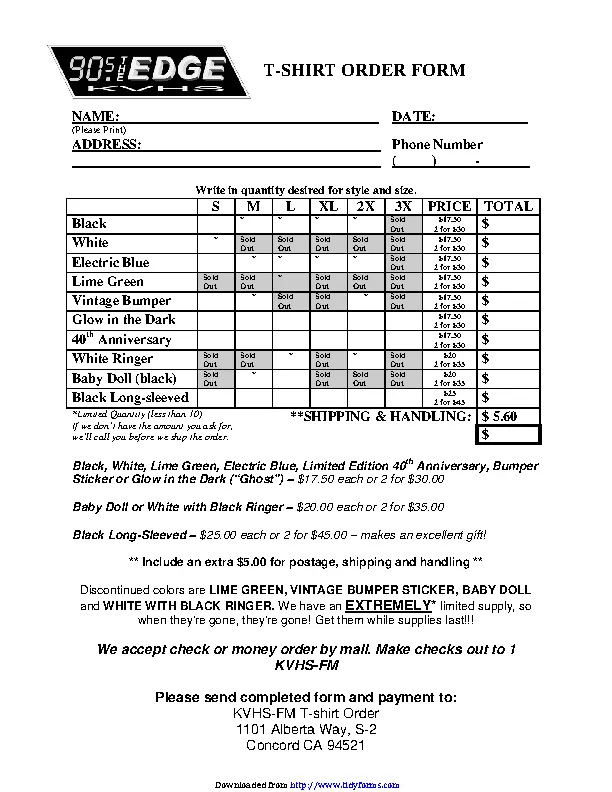 T Shirt Order Form 2 - PDFSimpli