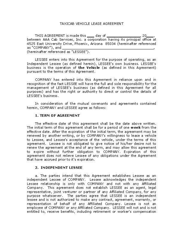 Taxicab Vehicle Lease Agreement - PDFSimpli
