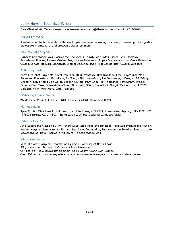 Technical Writer Experience Resume - PDFSimpli