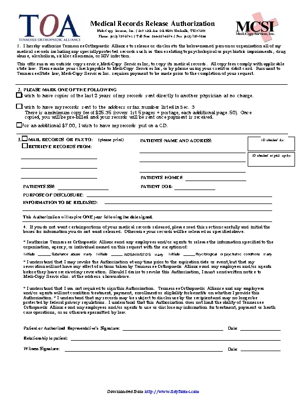 Tennessee Medical Records Release Form 1 - PDFSimpli