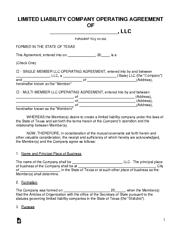 Texas Llc Operating Agreement Template PDFSimpli