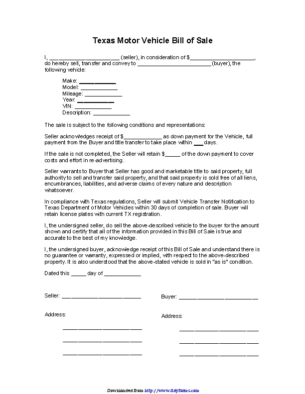 Texas Motor Vehicle Bill Of Sale Form PDFSimpli