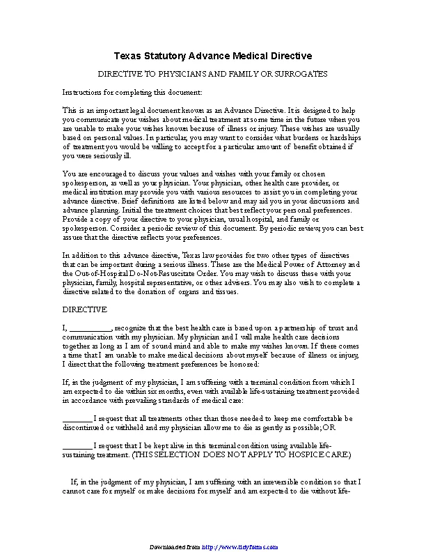 Texas Statutory Advance Medical Directive Form - PDFSimpli