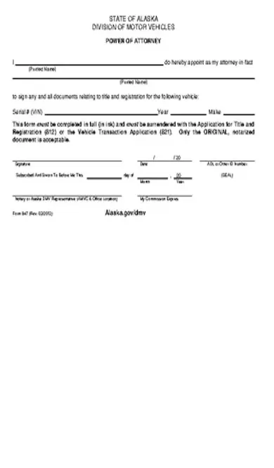 Alaska Department of Motor Vehicles Power of Attorney Form 847 - PDFSimpli