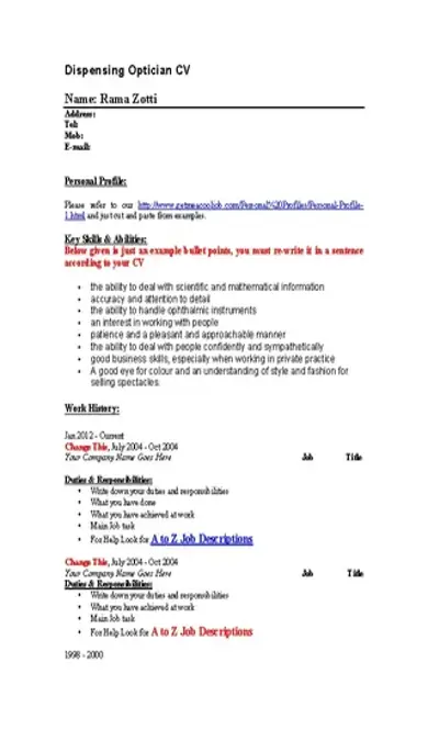 Dispensing Optician Resume