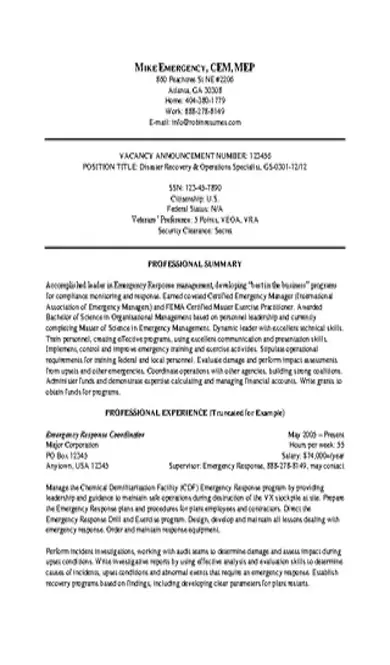Emergency Federal Resume Example - PDFSimpli