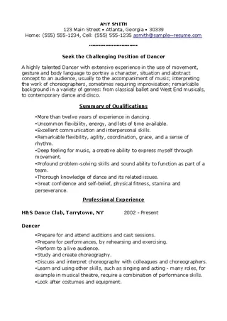 Free Sample Dancer Resume - PDFSimpli