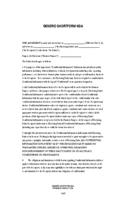 Generic Simple Non Disclosure Agreement Pdf Forms - PDFSimpli