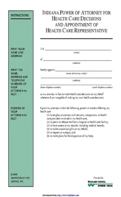 Indiana Health Care Power Of Attorney Form - PDFSimpli
