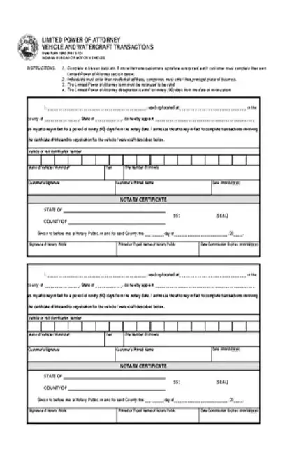 Indiana Limited Power Of Attorney Vehicle And Watercraft Transactions ...