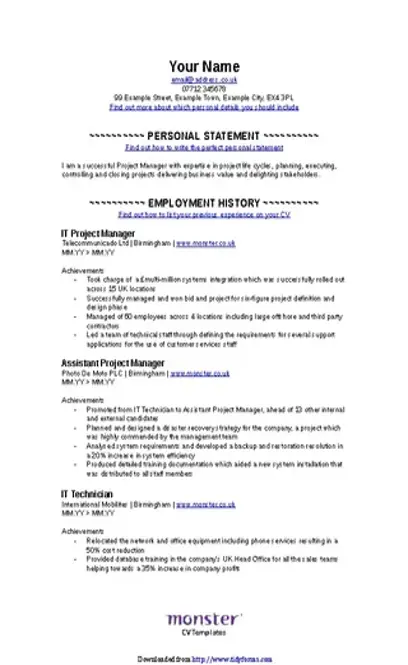 It Project Manager Cv Template - PDFSimpli