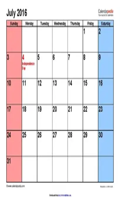 July 2016 Calendar 3 - PDFSimpli