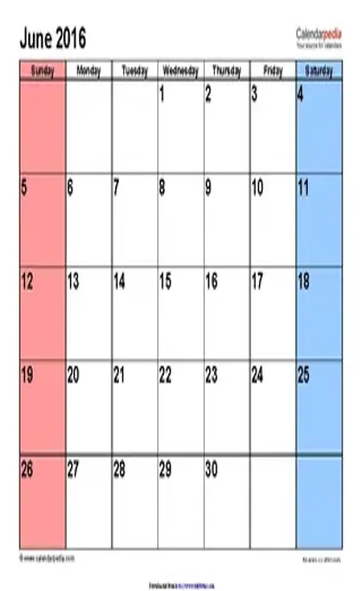 June 2016 Calendar 3 - PDFSimpli