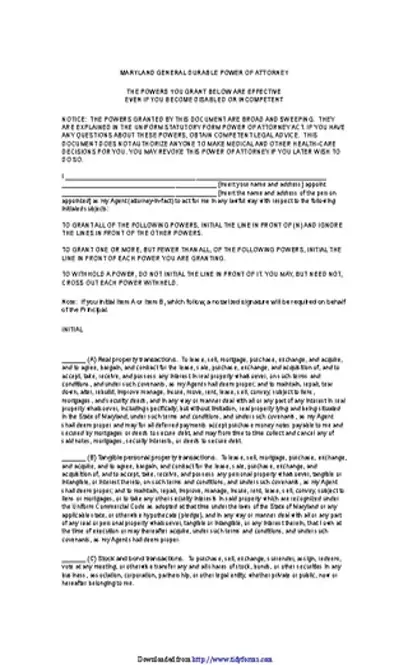 Maryland General Durable Power Of Attorney Form - PDFSimpli