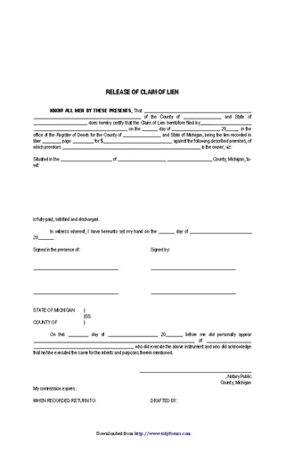 Michigan Release Of Claim Of Lien - PDFSimpli