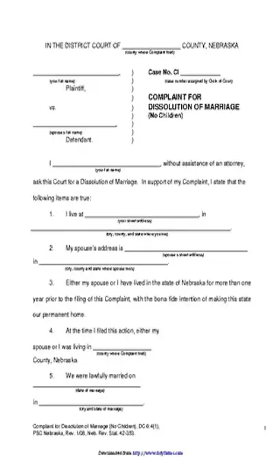 Nebraska Complaint For Dissolution Of Marriage No Children Form - PDFSimpli