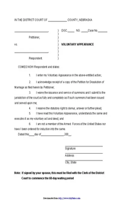 Nebraska Voluntary Appearance Form - PDFSimpli