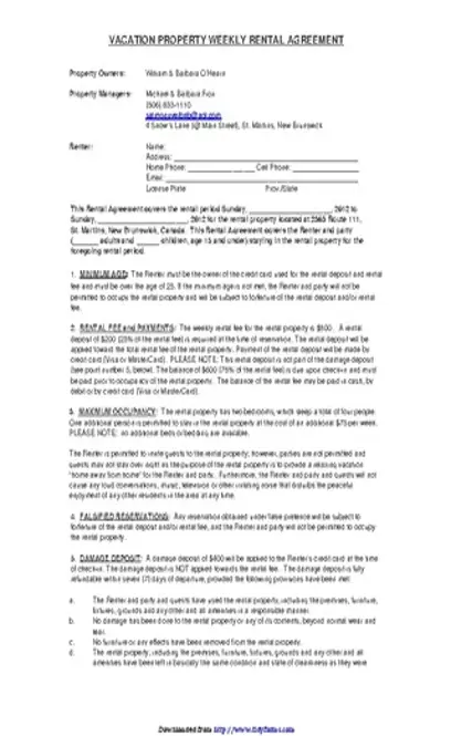 New Brunswick Vacation Property Weekly Rental Agreement Form - PDFSimpli
