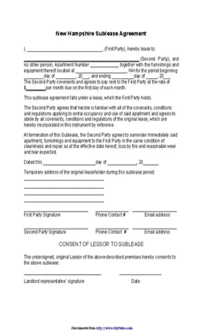 New Hampshire Sublease Agreement Form - PDFSimpli