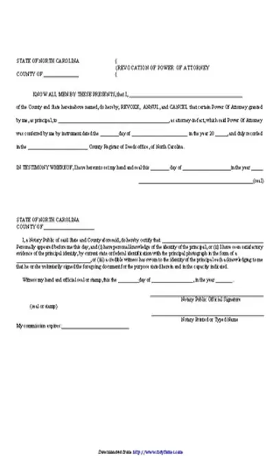North Carolina Revocation Power Of Attorney Form - PDFSimpli