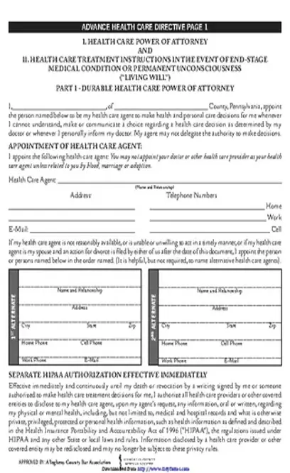 Pennsylvania Durable Health Care Power Of Attorney Form 2 - PDFSimpli