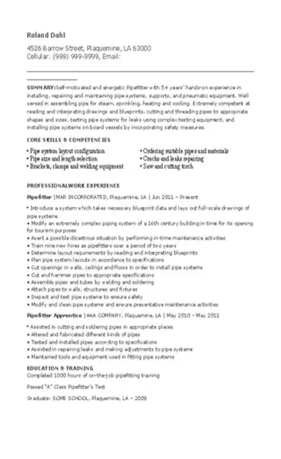 Pipefitter Apprentice Resume - PDFSimpli