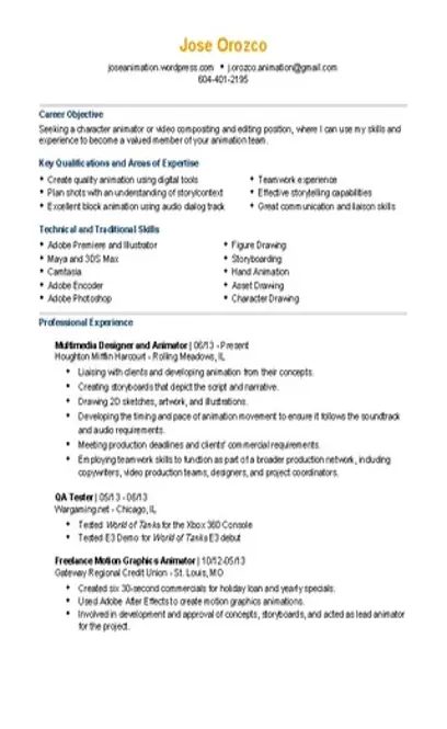 Professional Animator Resume - PDFSimpli