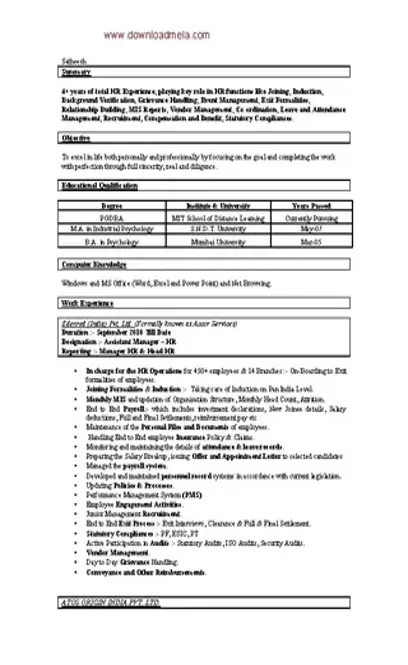 Sample Assistant Manager Hr Resume - PDFSimpli