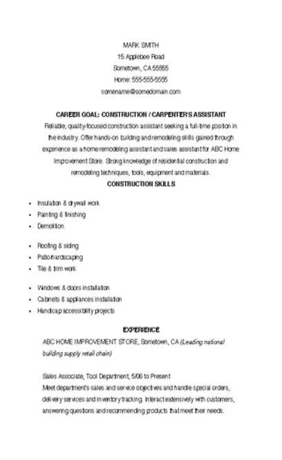 Sample Resume For A Construction Carpenters Assistant - PDFSimpli