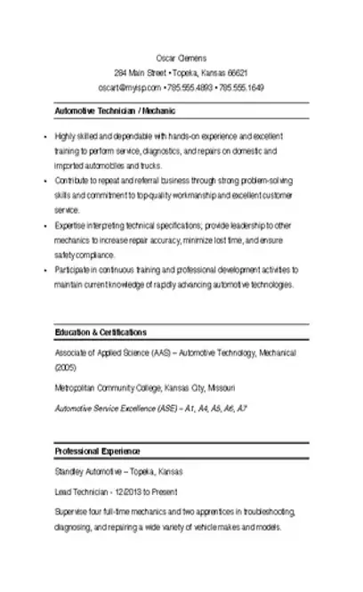 Sample Resume For An Auto Mechanic - PDFSimpli