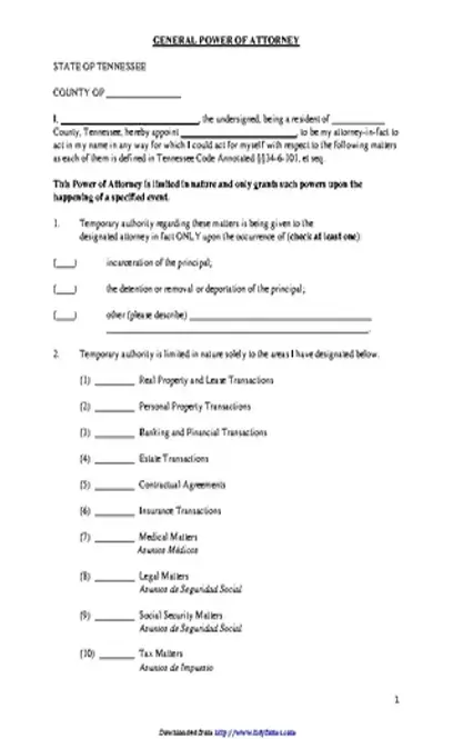 Tennessee General Power Of Attorney Form 1 - PDFSimpli