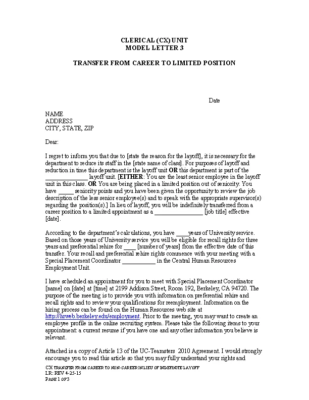 Transfer Letter From Career To Non Career Sample Word Download - PDFSimpli