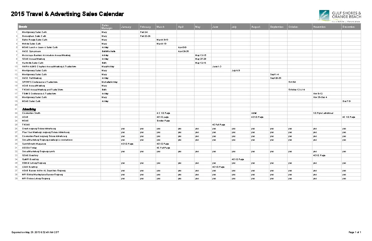 Travel Advertising Sales Calendar - PDFSimpli